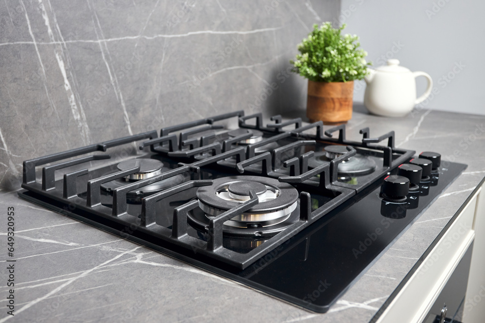 Contemporary black tempered glass gas stove hob with wok burner with ...