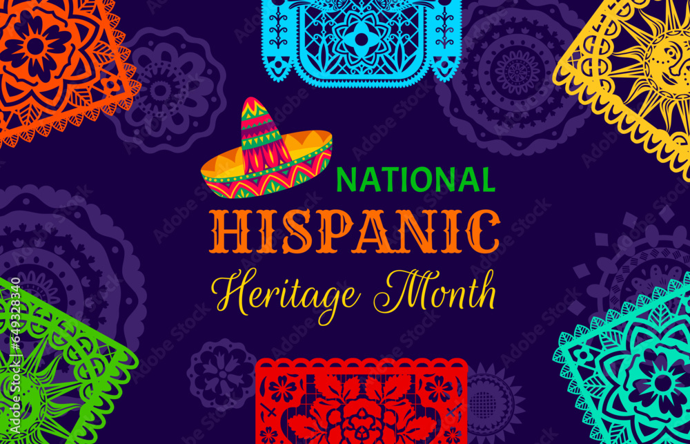 Papel picado paper cut flags on national Hispanic heritage month banner ...