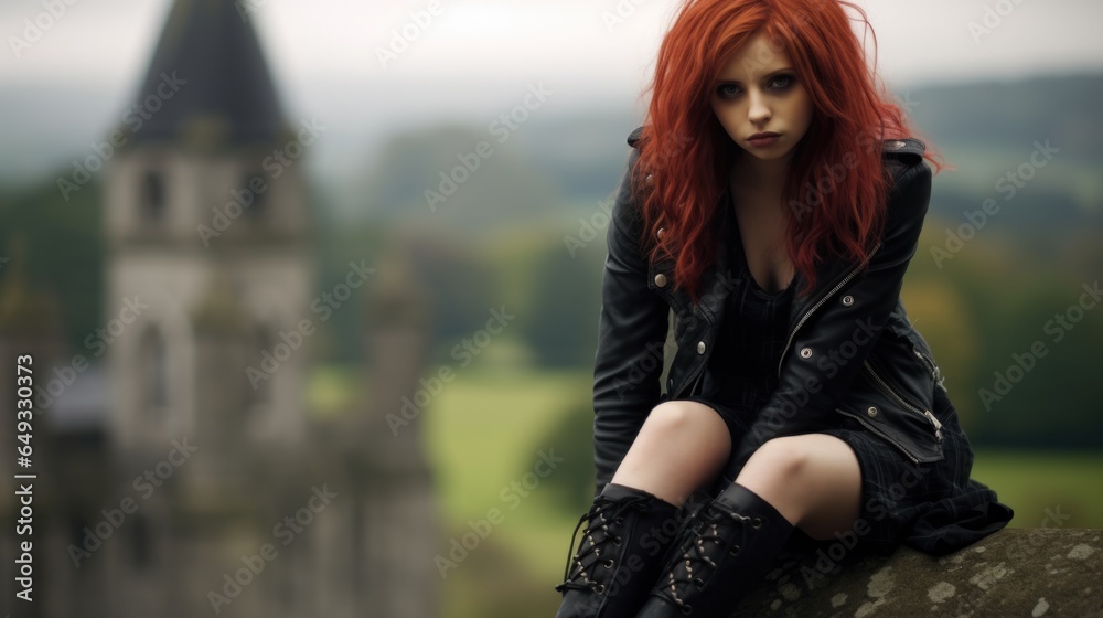 Pretty teenage emo girl with long and sleek bright red hair sitting ...