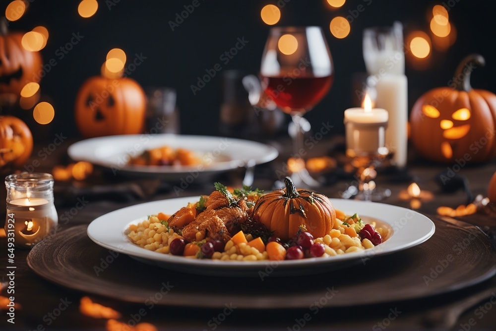 An evocative image of a Halloween dinner setup, marrying culinary ...