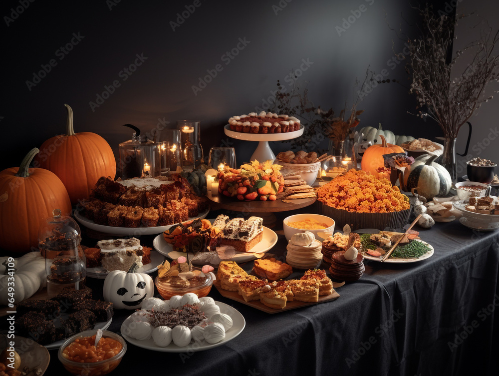 A full table of Halloween-themed food, with juices, alcoholic drinks ...