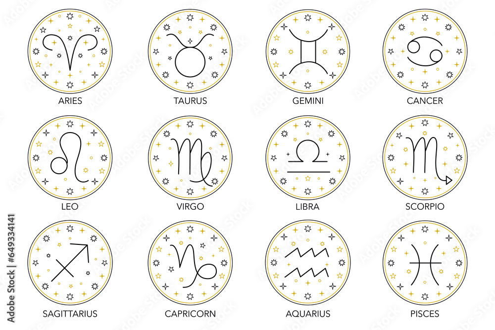 Collection of zodiac signs created in linear style isolated on white ...
