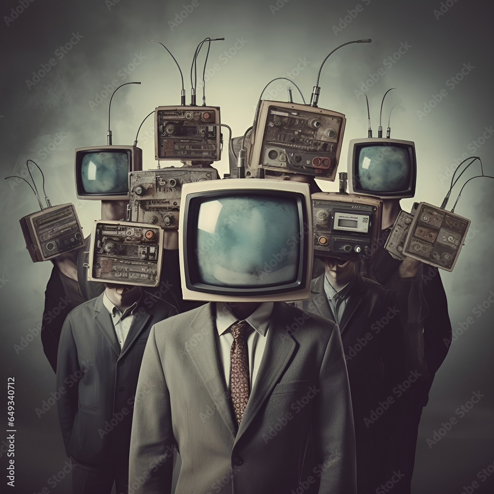 Contemporary art collage. Group of people with retro tv heads standing ...