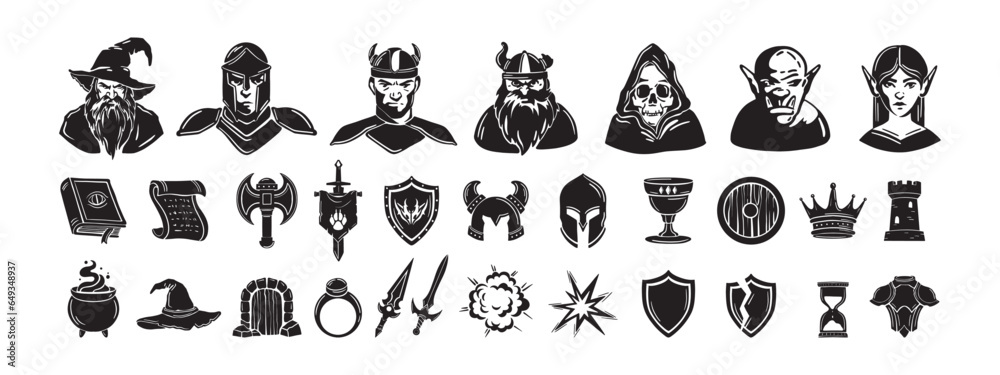 Game fantasy icon vector set, magic dungeon dragon RPG sign, medieval ...