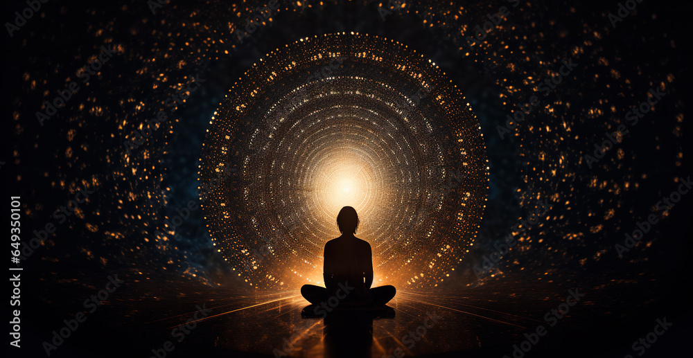 Silhouette of a meditating person in a magical environment, surrounded ...