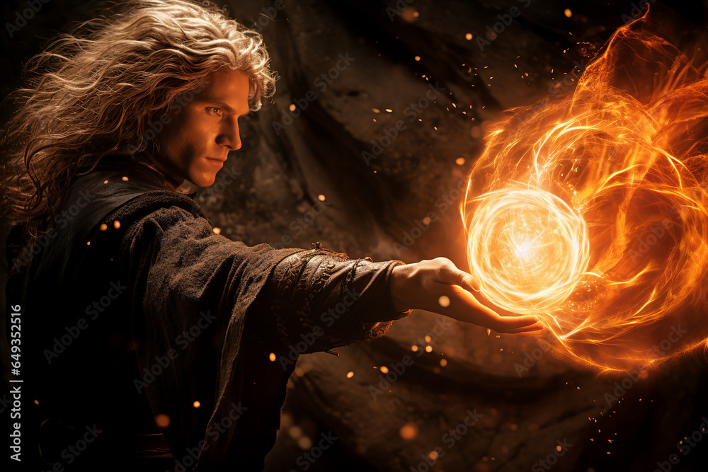 Generative ai collage photo of powerful warlock cast fire fiery spell ...