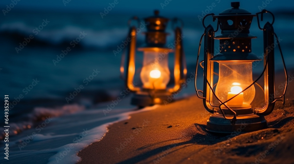 A photo of a traditional lantern placed on the beach sand at dusk. The ...
