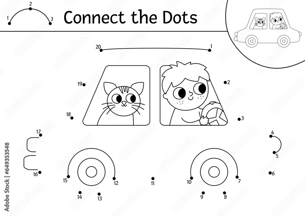 Vector dot-to-dot and color activity with cute car, driver and ...