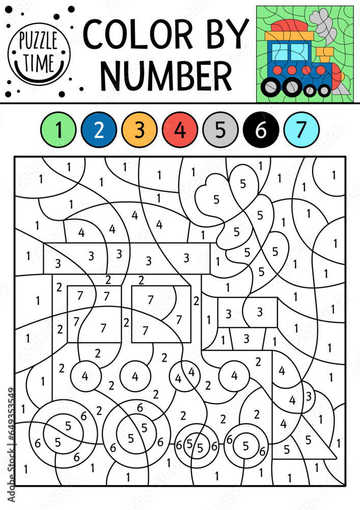 Vector color by number activity with steam train. Railway transport ...