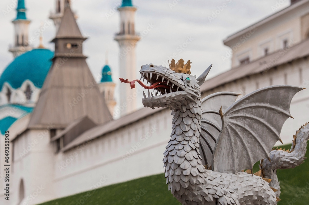 Russia, Republic of Tatarstan, Kazan city, September 2023 Metal sculpture of Zilant, the symbol ...