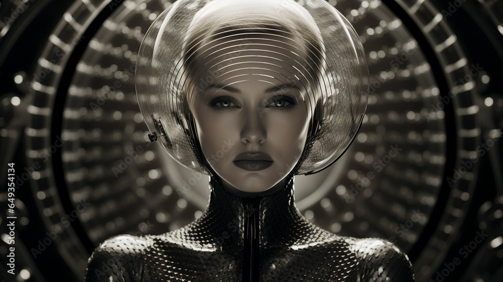 1950's Atomic age portrait of model as astronaut wearing sci-fi style ...