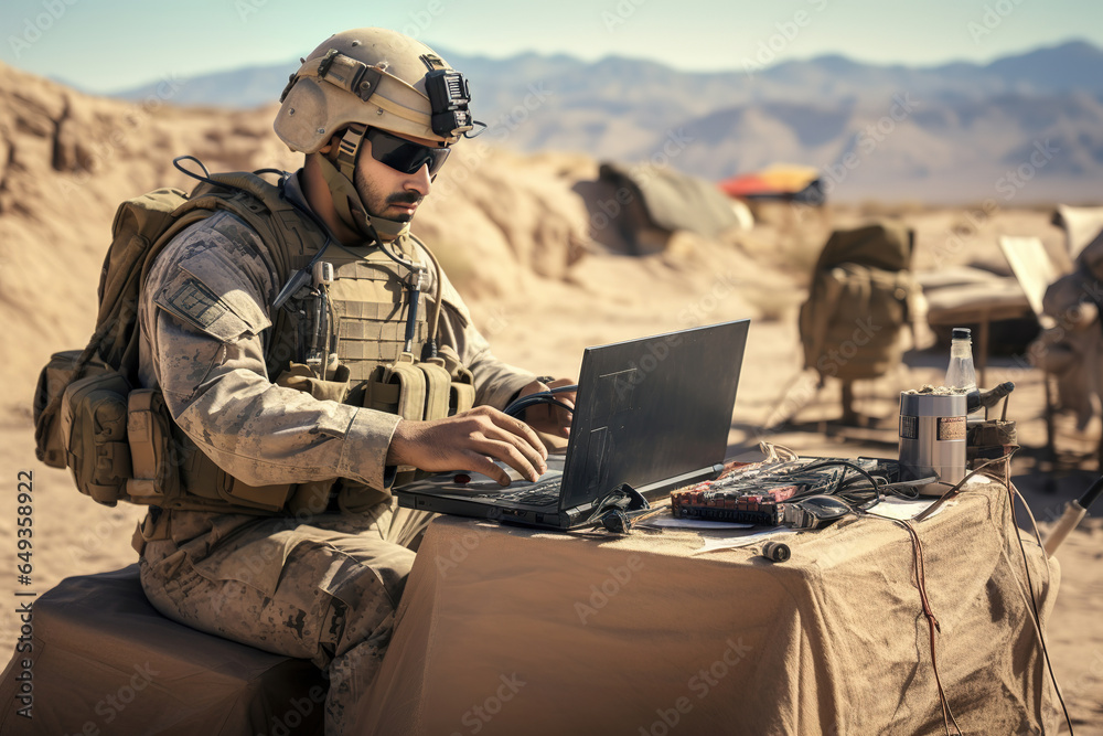 Soldier is Using Laptop Computer and Radio for Communication During ...