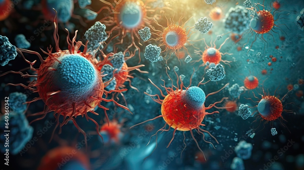 Human host and virus interaction at the cellular level. Microscopic ...