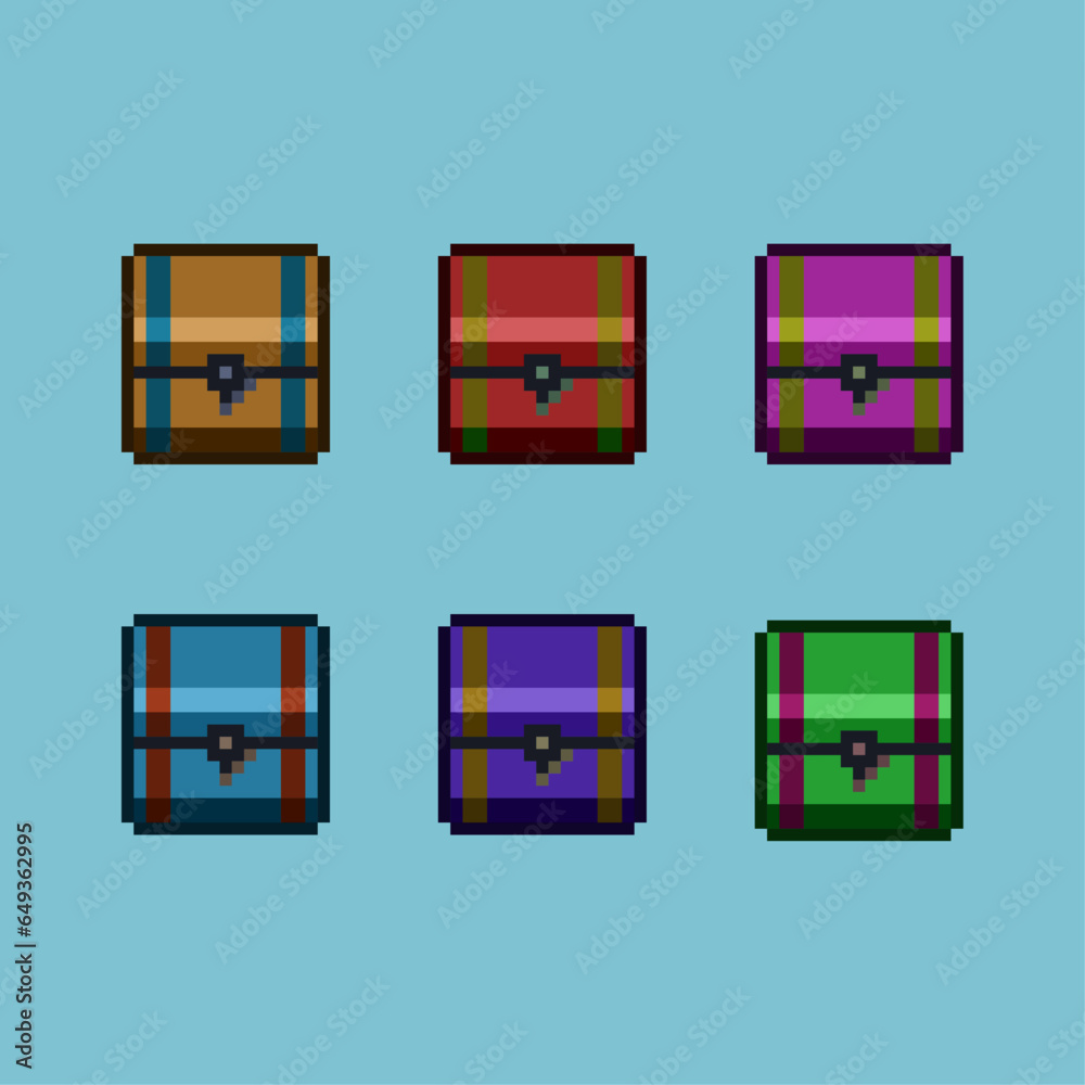 Pixel art sets of chest coin with variation color item asset. simple bits of inventory chest rpg ...