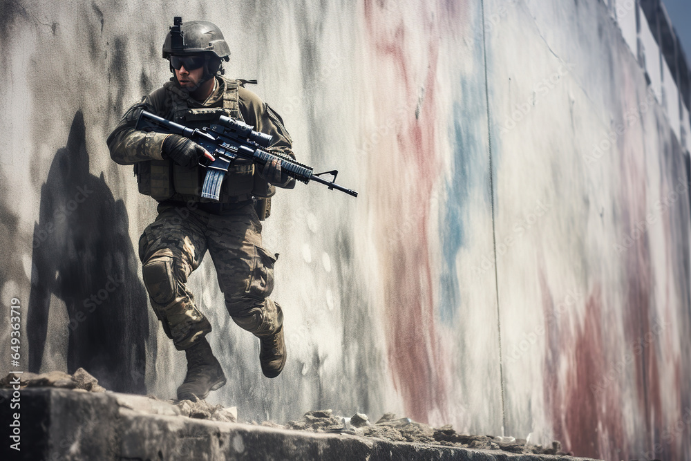 Army Ranger moving along the concrete wall on mission Stock Photo ...