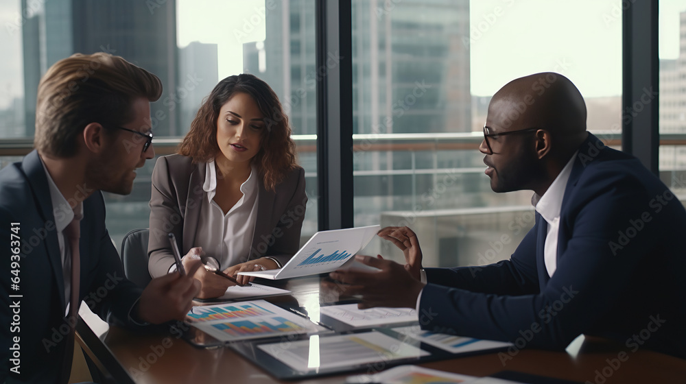 Group of three financial professional discussing numbers in a business ...