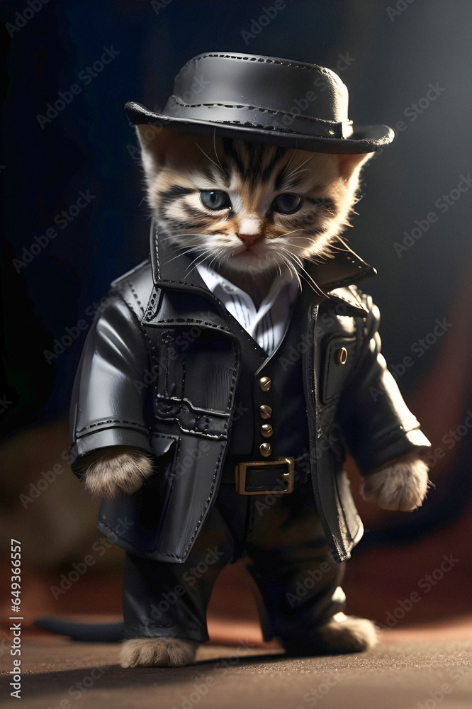 Illustration of a kitten dressed as a gangster in studio setting ...