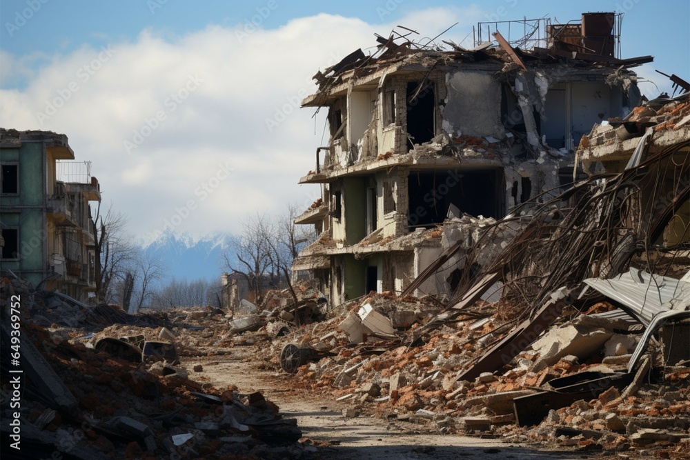 Earthquake aftermath Buildings and houses reduced to rubble and ruins ...