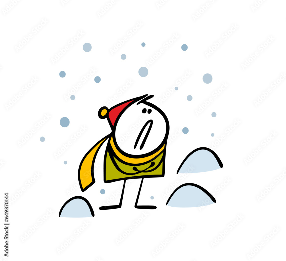 Cartoon disgruntled frozen stickman boy stands among the snowdrifts ...