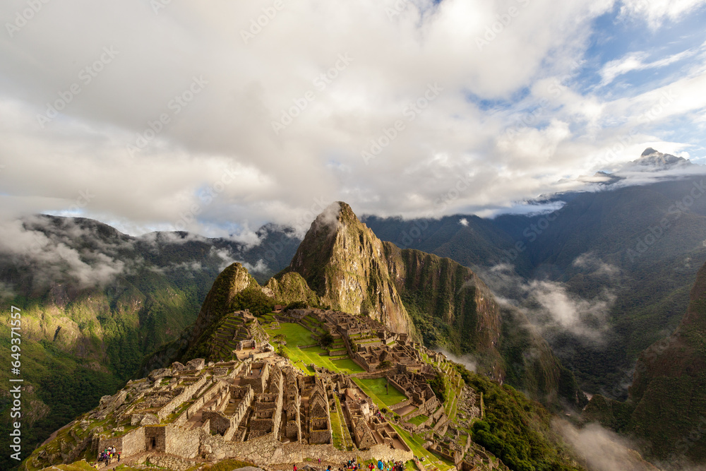 Impressive view from Machu Picchu Mountain that look down to ruins of ...