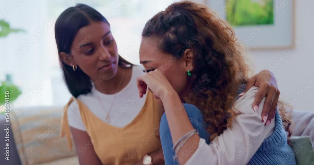 Home, sad and women with support, friends and empathy with discussion ...