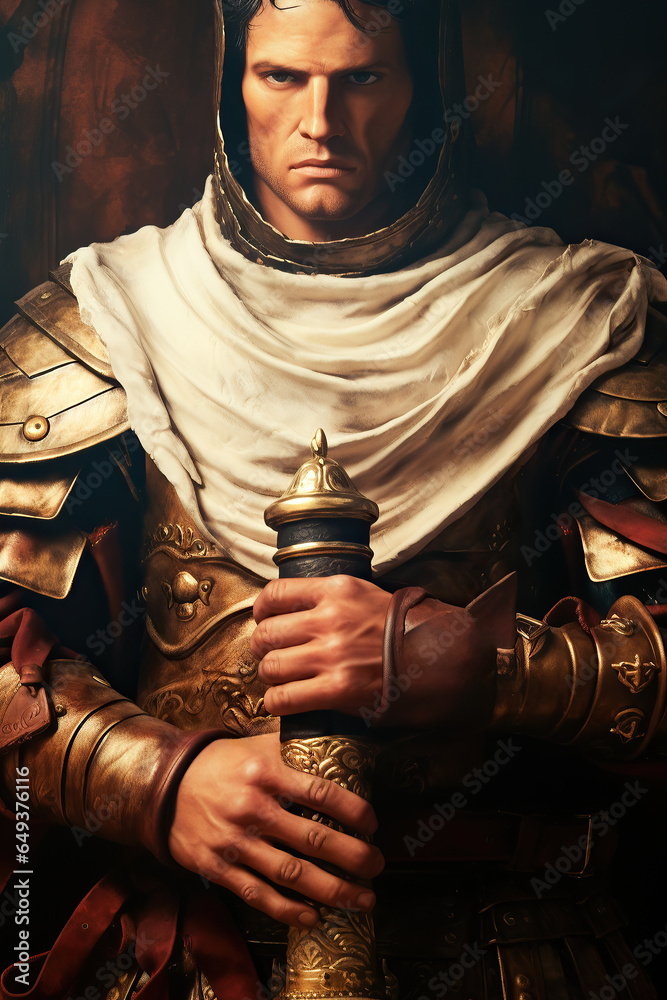 Roman messenger soldier dressed with a armor with an official scroll to ...