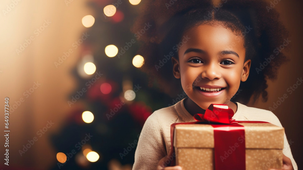 Black african american child with a Christmas present during Christmas ...