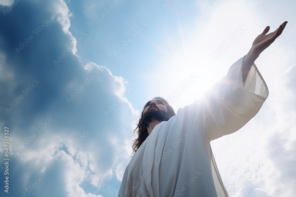 Jesus Christ reaching out with open arms in the sky, heaven. Stock ...