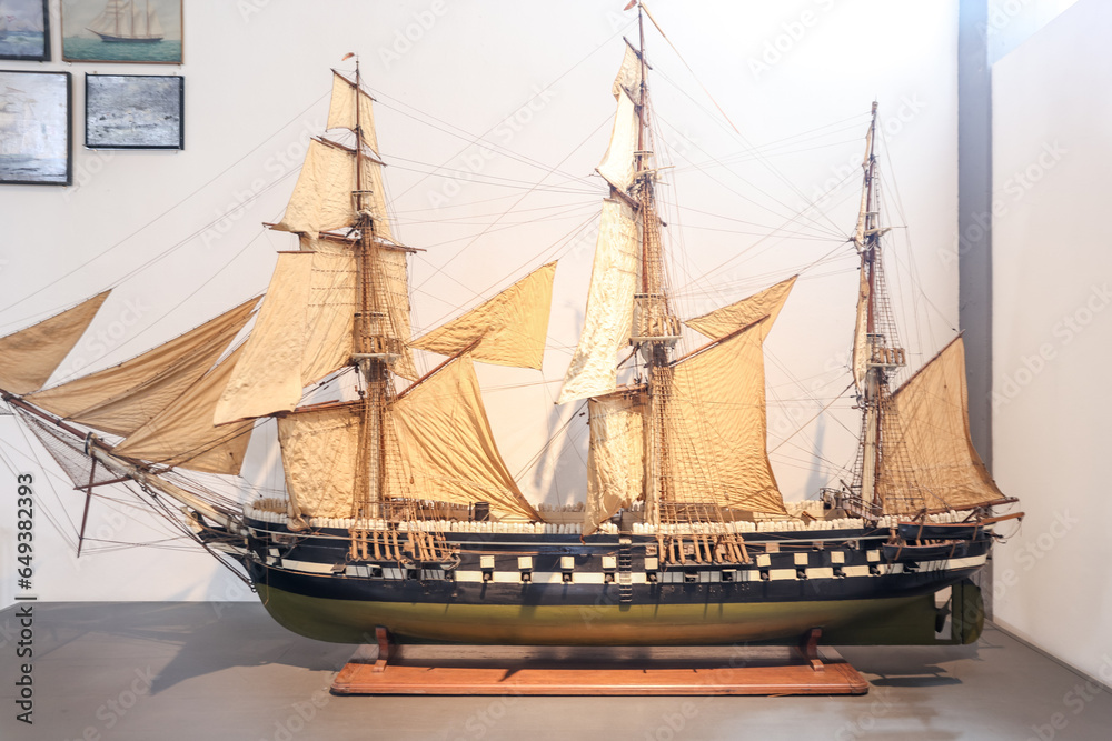Milan, Italy - July 14, 2023: A scale model of a historic sailing ship ...