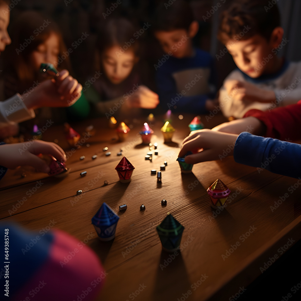 Dreidel Game: Children playing the dreidel game with colorful spinning ...