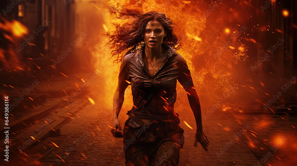 Action shot with woman on the run. Dynamic scene in action movie ...