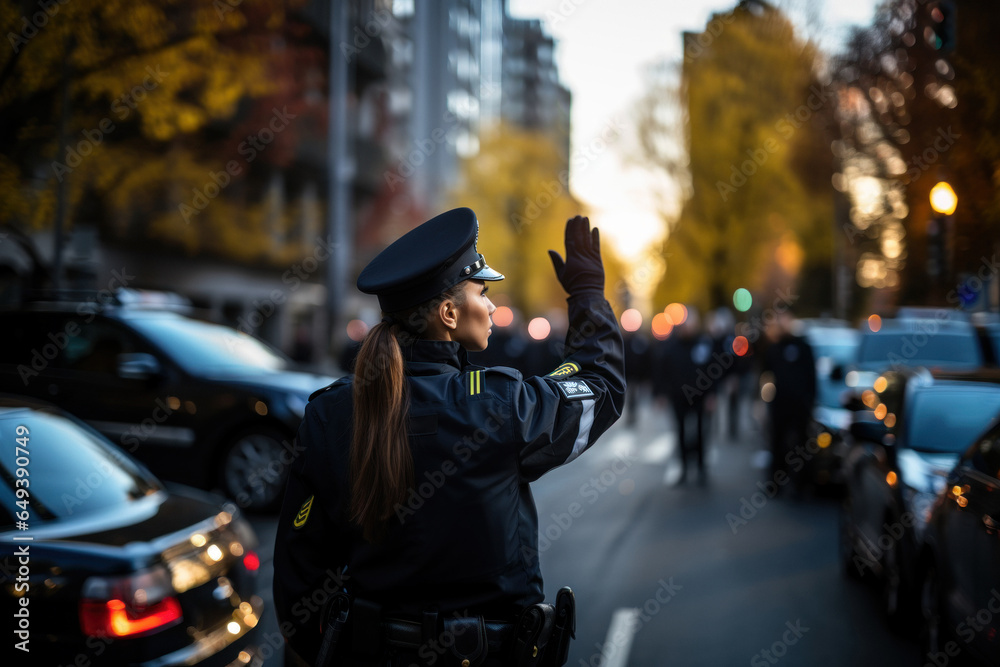 Caucasian female traffic controller on highway police officer shows ...