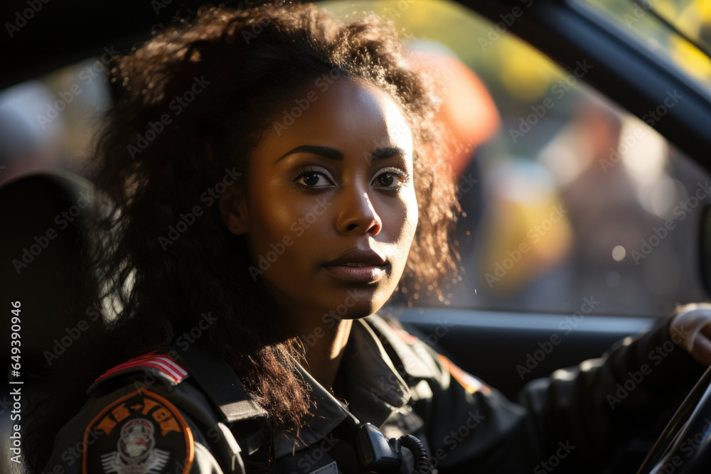 Female police officer patrolling streets of city in official police car ...