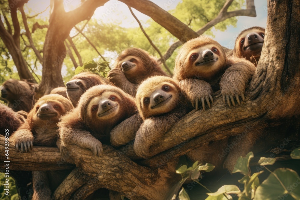A group of sloths hanging out together in a tree. This image captures ...