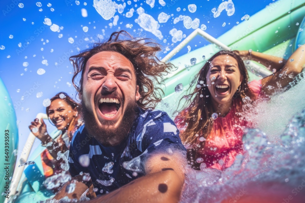 A group of people enjoying a thrilling ride on top of a water slide ...