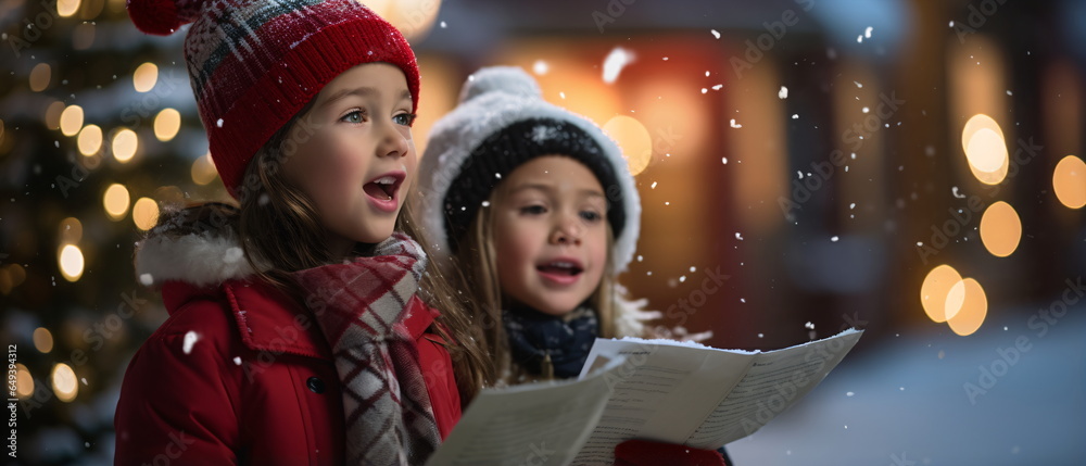 Portrait of happy two children singing carols in Christmas in a snowy ...
