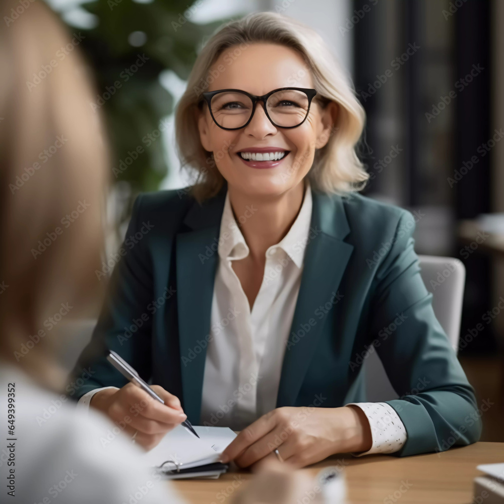 miling mature business woman hr holding cv at job interview. Happy mid ...