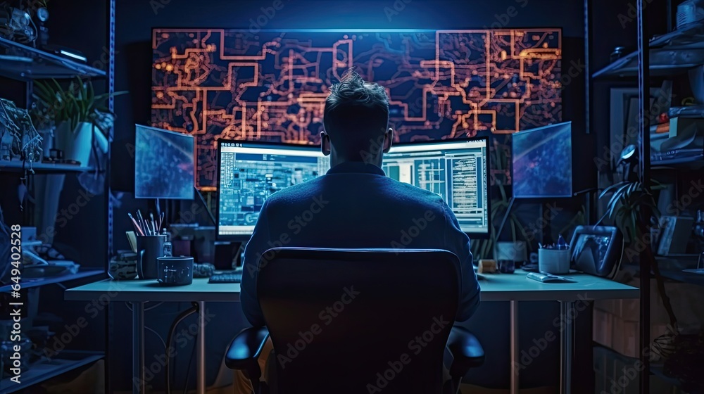 engineer at work in front of a computer screen in the modern office ...