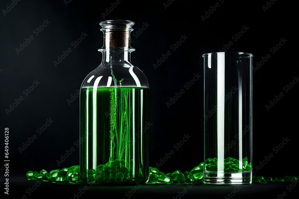 On a dark background, a lone, clear acrylic-encased flask of green ...