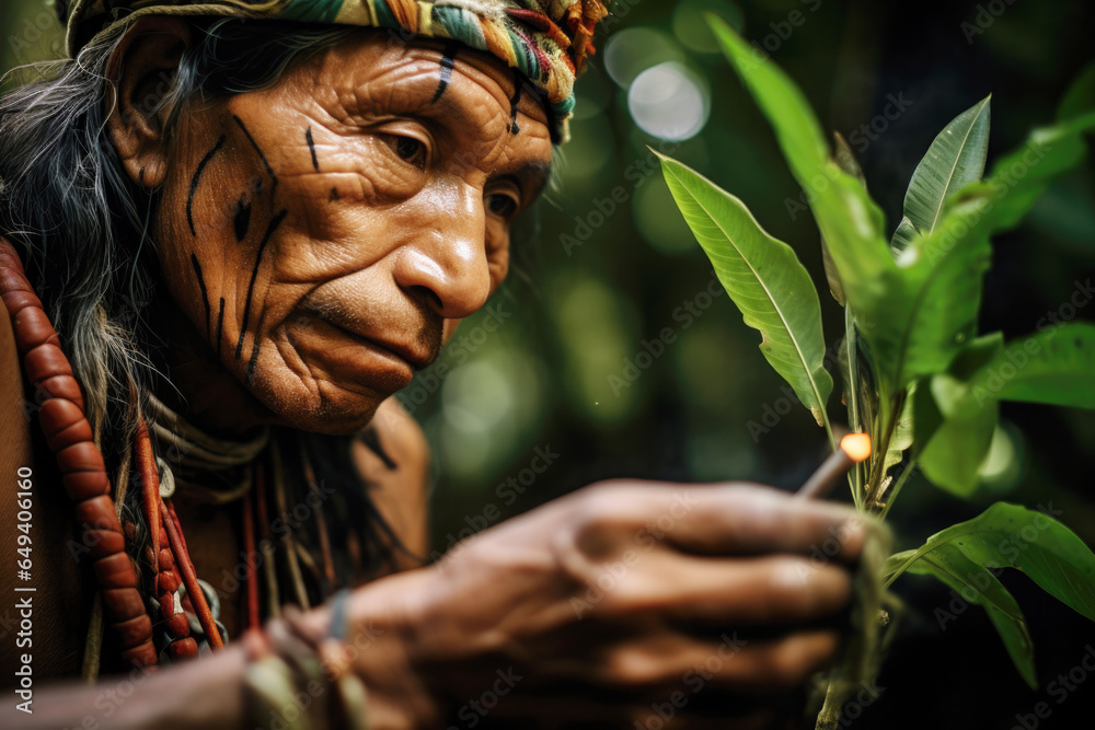 Shaman in Peru picking up Ayahuasca plants. Traditional plant medicine ...