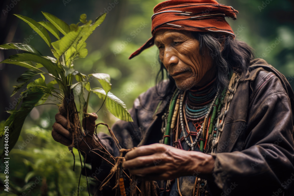 Shaman in Peru picking up Ayahuasca plants. Traditional plant medicine ...