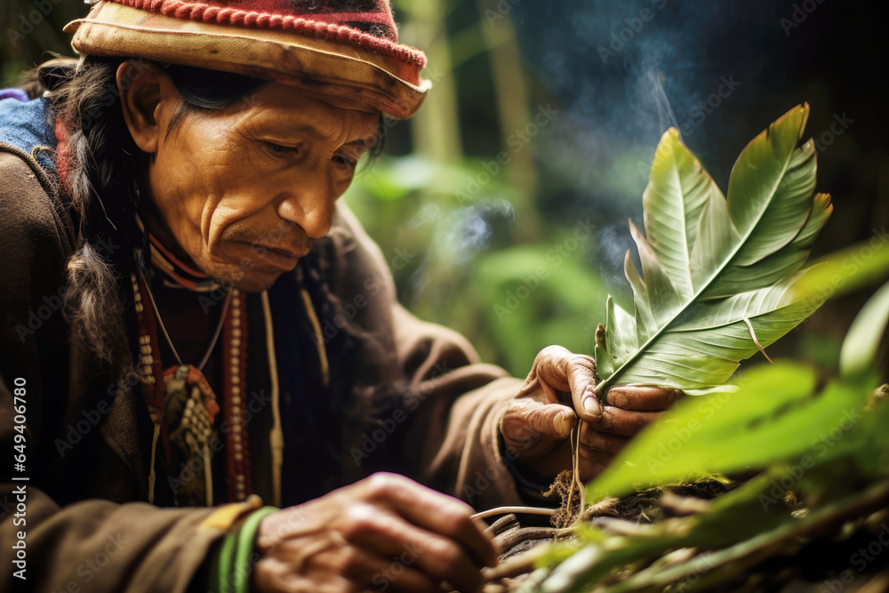 Shaman in Peru picking up Ayahuasca plants. Traditional plant medicine ...