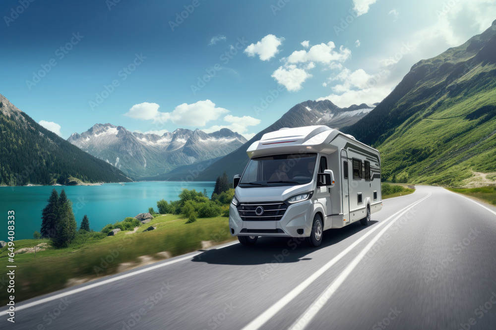 Mobile Adventure: A modern motorhome journeys along scenic roads, with ...