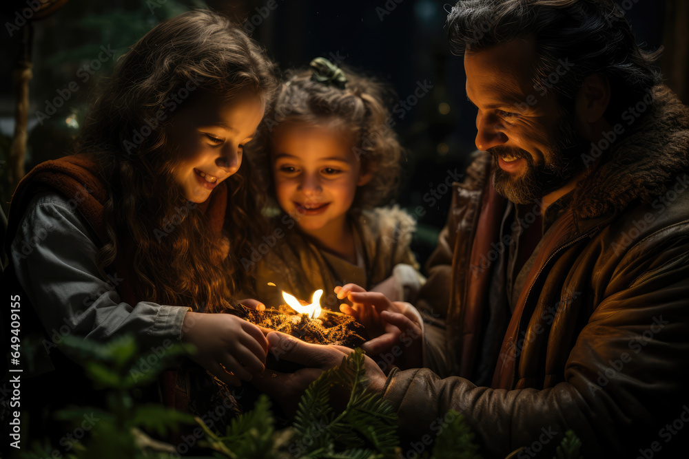 A family participates in a Yule log ceremony, carrying on the tradition ...
