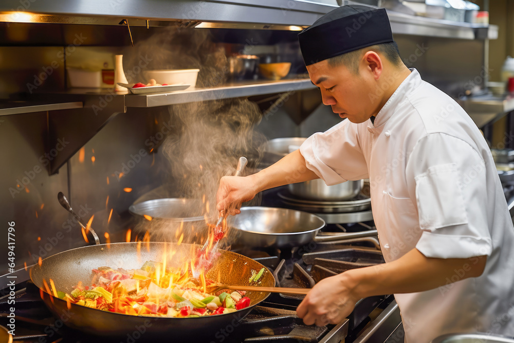 A dedicated Asian chef skillfully manages a flaming wok, creating a ...