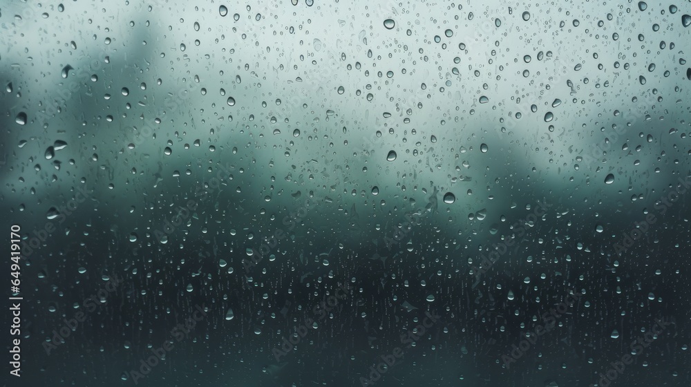 Raindrops on a window glass surface against a backdrop of clouds. A ...