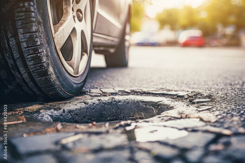 A close-up photo of a damaged car tire near a pothole, illustrating the ...