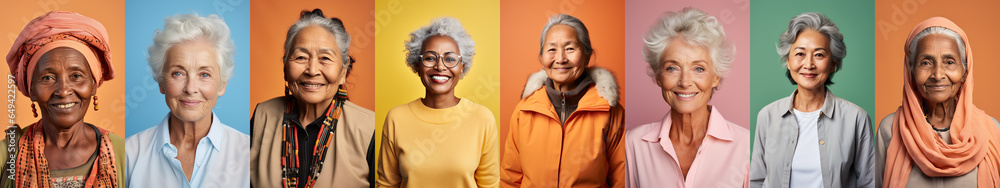 Collage made of portraits of elderly woman of one age, but different ...