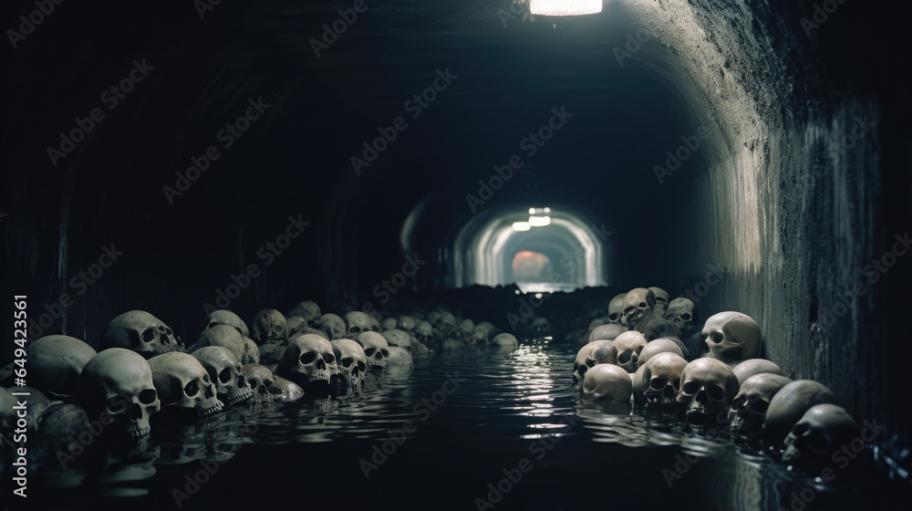Horror scene of floating human skulls in a sewer tunnel, skeletal ...