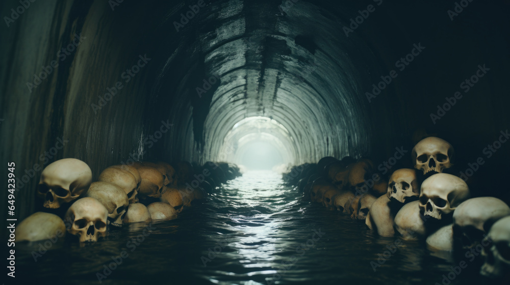 Horror scene of floating human skulls in a sewer tunnel, skeletal ...